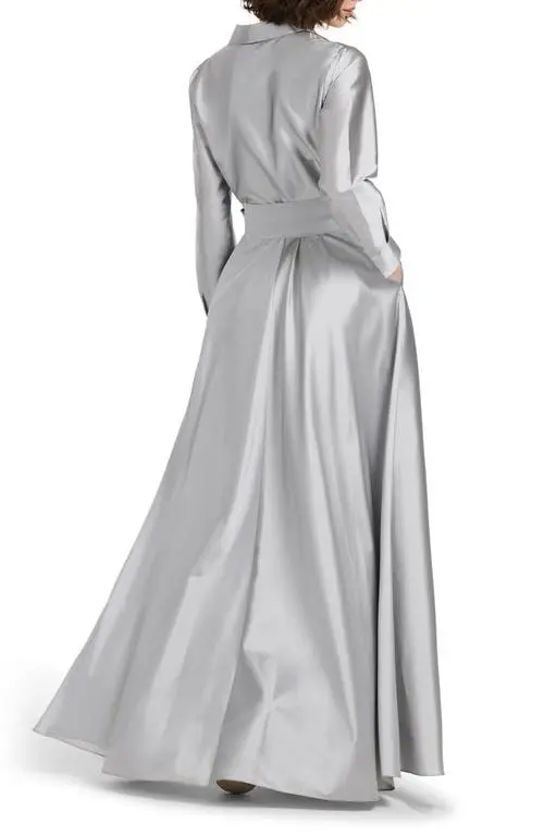 EMILY SHALANT Crystal Bow Button Long Sleeve Taffeta A-line Gown