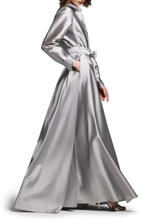 EMILY SHALANT Crystal Bow Button Long Sleeve Taffeta A-line Gown