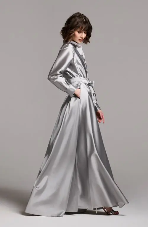 EMILY SHALANT Crystal Bow Button Long Sleeve Taffeta A-line Gown