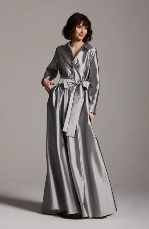 EMILY SHALANT Crystal Bow Button Long Sleeve Taffeta A-line Gown
