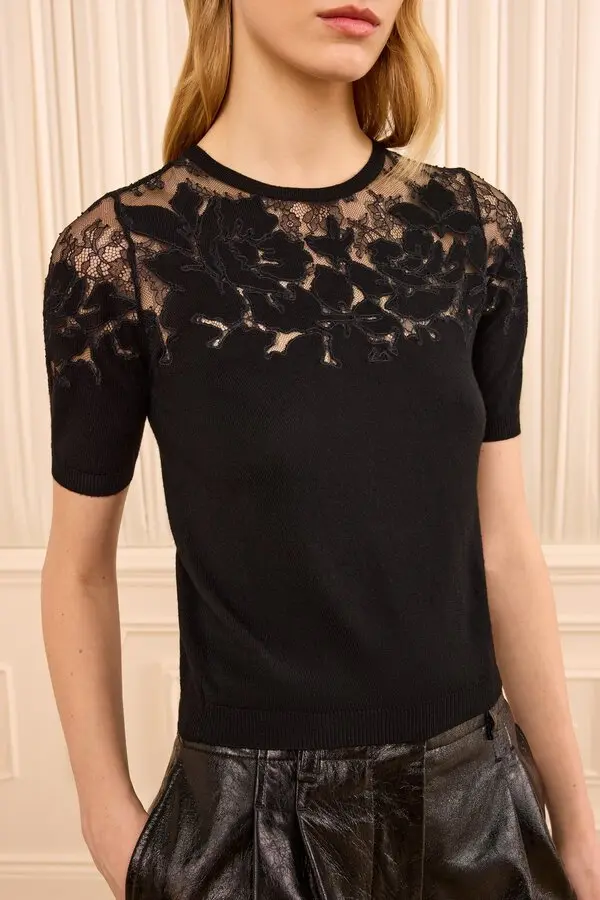 Ulla Johnson Ella Short Sleeve Lace Top - Noir