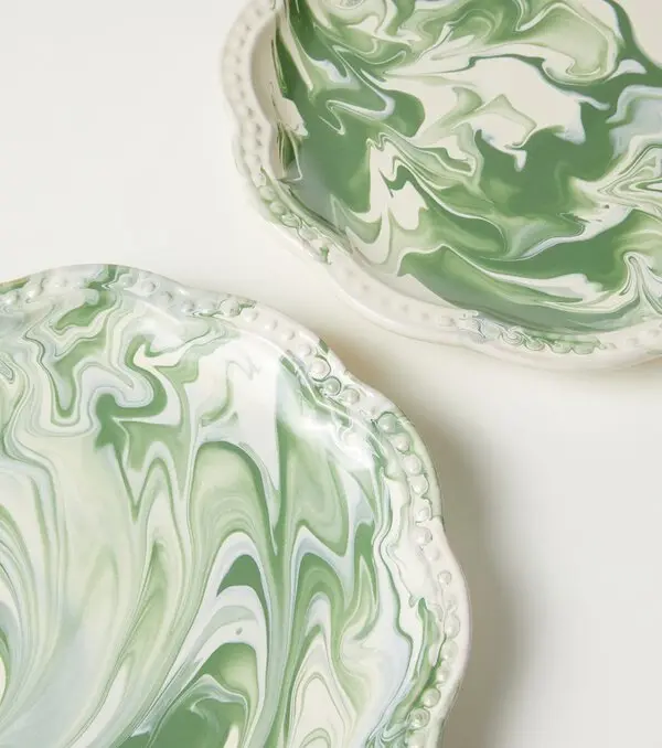 CABANA Marbled Ceramic Dessert Plates Set Of Two - Green
