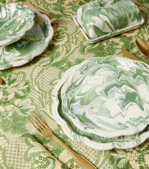 CABANA Marbled Ceramic Dessert Plates Set Of Two - Green