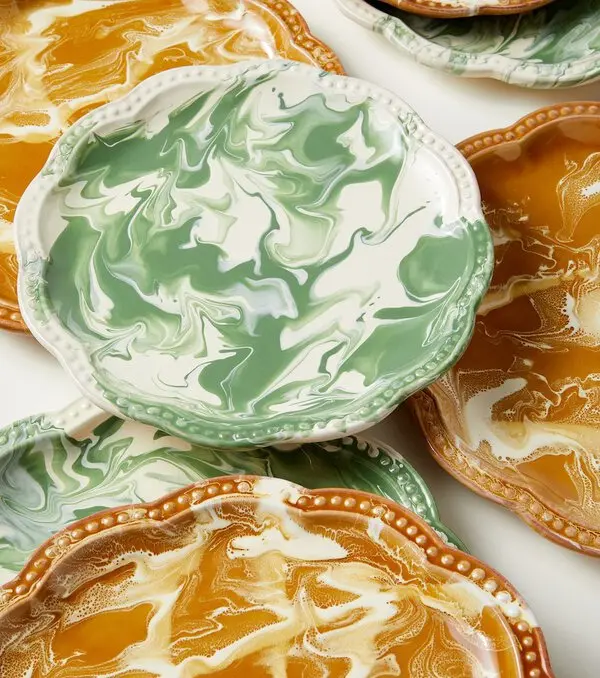 CABANA Marbled Ceramic Dessert Plates Set Of Two - Green
