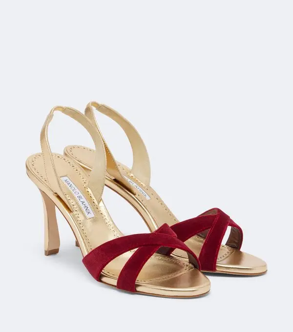 Manolo Blahnik Callydra Velvet-trimmed Leather Sandals - Gold