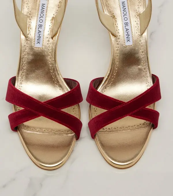 Manolo Blahnik Callydra Velvet-trimmed Leather Sandals - Gold