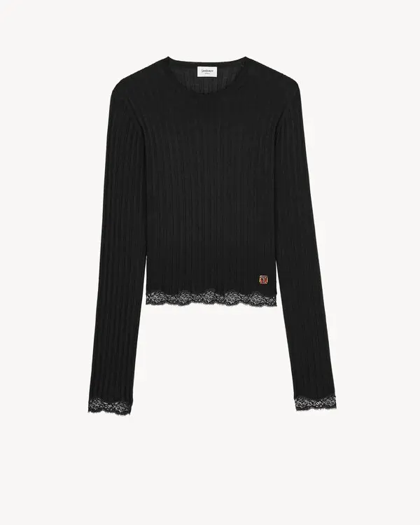 Saint Laurent Cassandre Laced Top In Ribbed Wool, Cashmere, And Silk - Noir