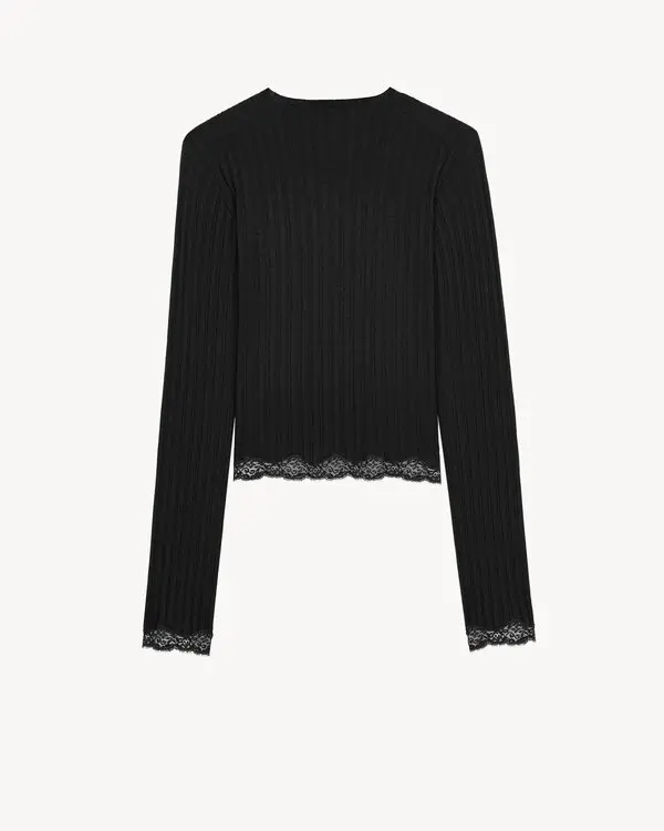 Saint Laurent Cassandre Laced Top In Ribbed Wool, Cashmere, And Silk