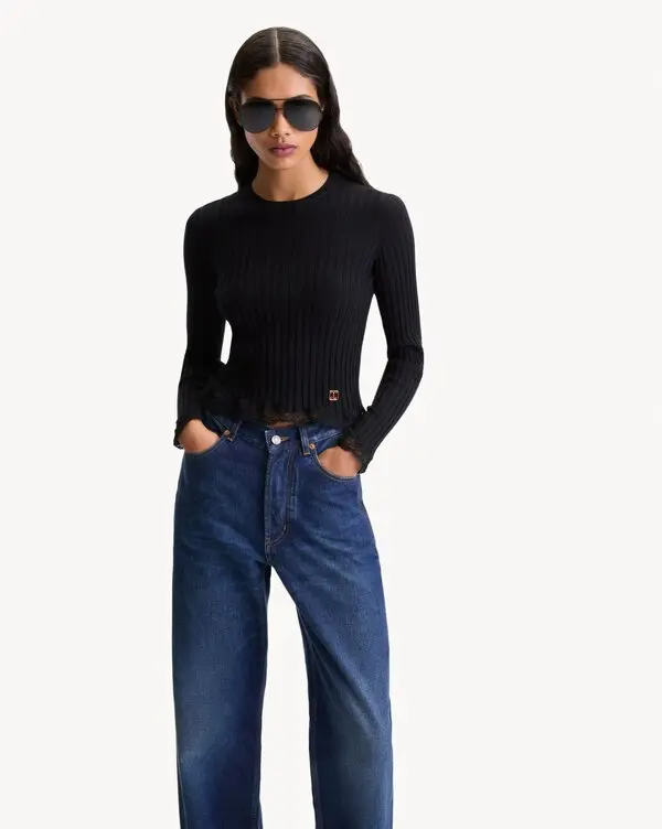 Saint Laurent Cassandre Ribbed Wool, Cashmere, And Silk Lace Trim Top