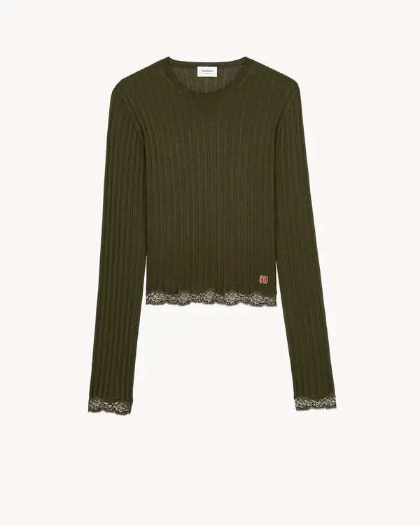 Saint Laurent Cassandre Laced Top In Ribbed Wool, Cashmere, And Silk - Kaki