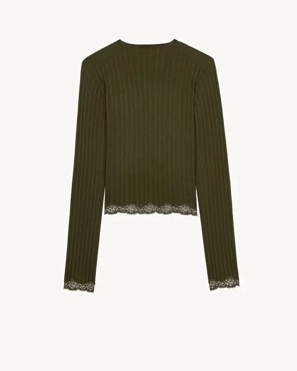 Saint Laurent Cassandre Laced Top In Ribbed Wool, Cashmere, And Silk