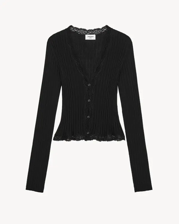 Saint Laurent Ribbed Wool, Cashmere, And Silk Cardigan With Lace Trims
