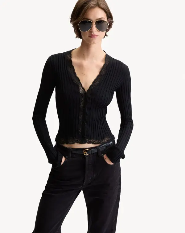 Saint Laurent Ribbed Wool, Cashmere, And Silk Cardigan With Lace Trims
