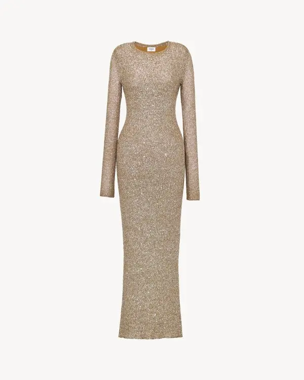 Saint Laurent Long Sequin Dress In Knit - Marron/argent