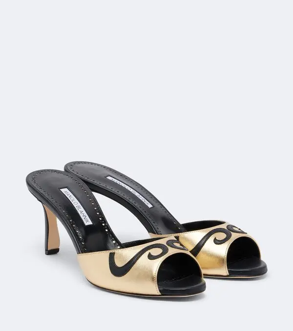 Manolo Blahnik Pintonamu Embroidered Metallic Leather Mules