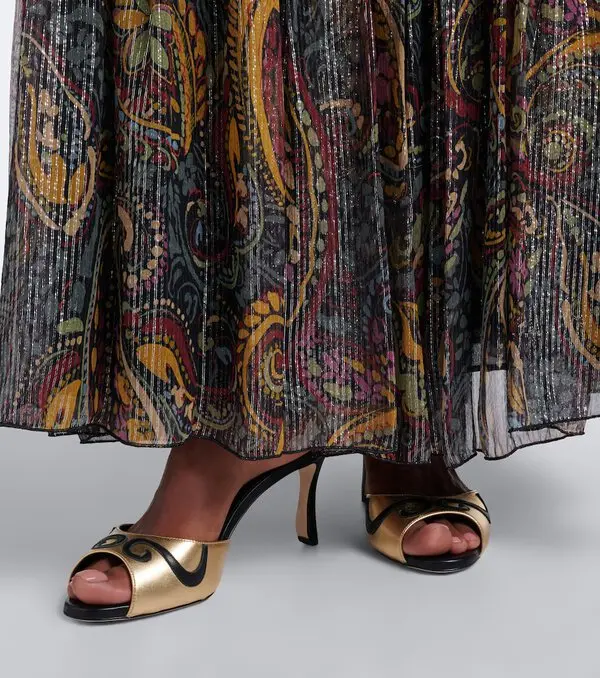 Manolo Blahnik Pintonamu Embroidered Metallic Leather Mules