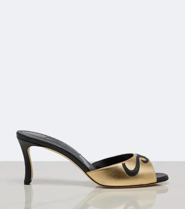 Manolo Blahnik Pintonamu Embroidered Metallic Leather Mules