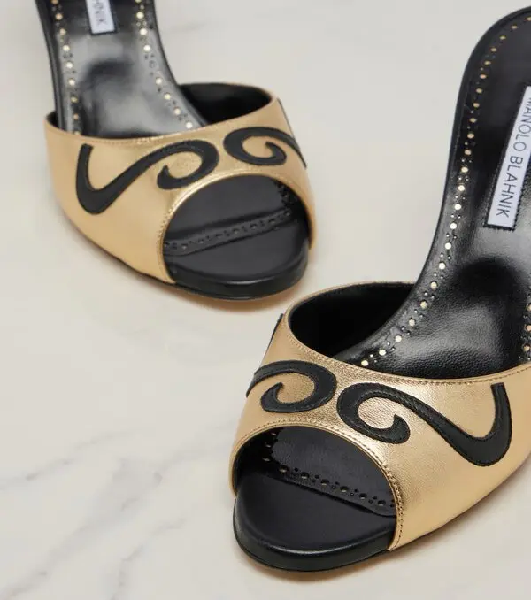 Manolo Blahnik Pintonamu Embroidered Metallic Leather Mules