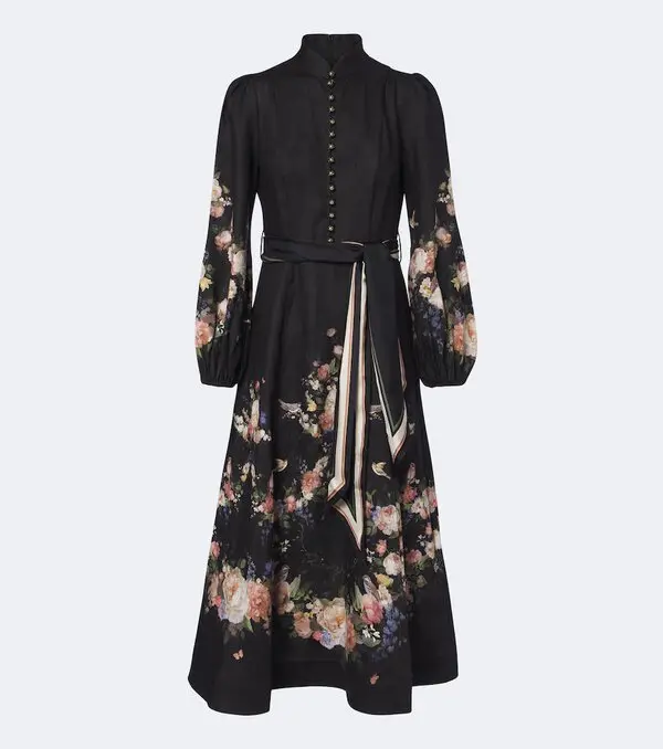 Zimmermann Valiant Belted Floral Linen Midi Dress