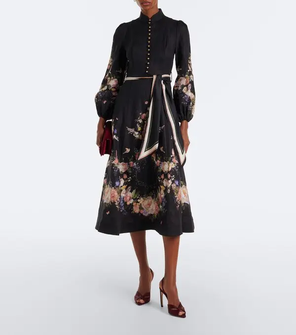 Zimmermann Valiant Belted Floral Linen Midi Dress