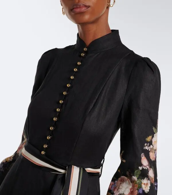 Zimmermann Valiant Belted Floral Linen Midi Dress