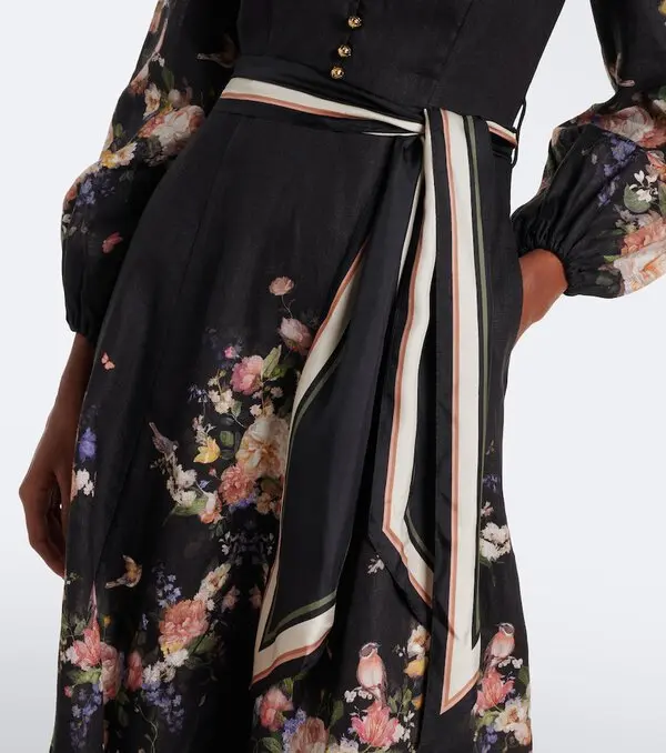 Zimmermann Valiant Belted Floral Linen Midi Dress