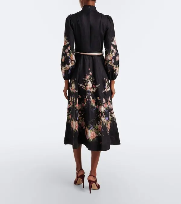Zimmermann Valiant Belted Floral Linen Midi Dress