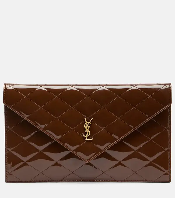 Saint Laurent Quilted Patent Leather Pouch - Brown