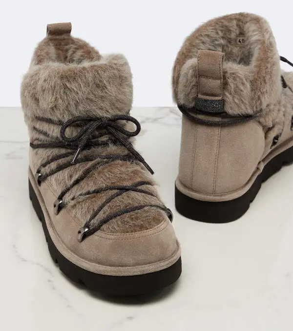 Brunello Cucinelli Monili Shearling And Suede Lace-up Boots