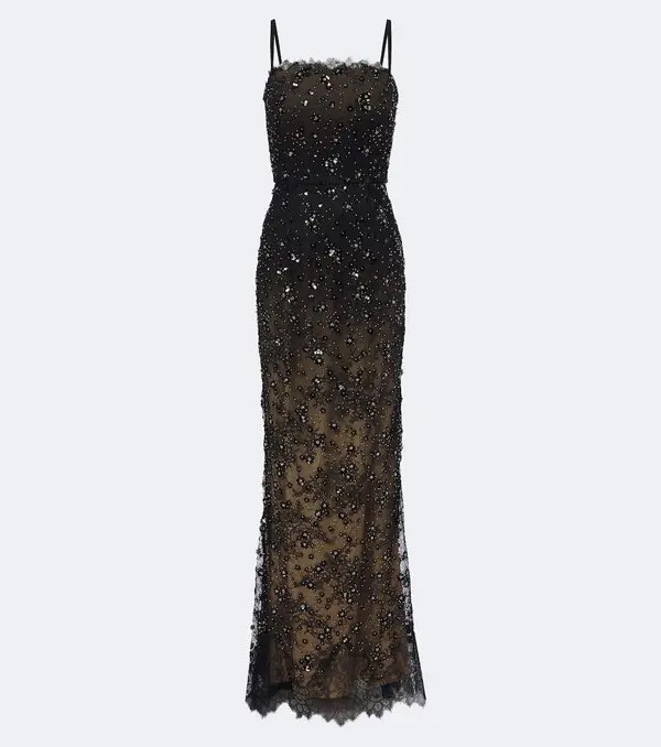 Elie Saab Embroidered Sequined Tulle Gown - Black
