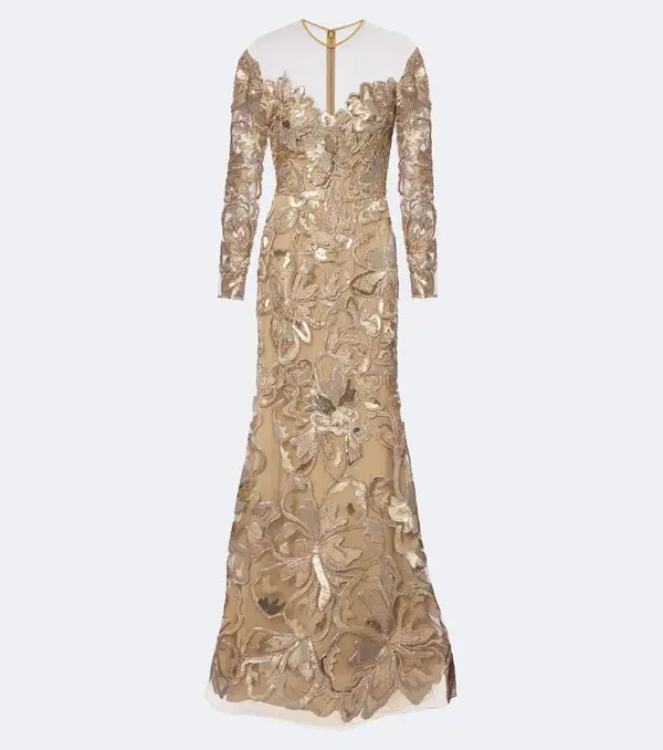Elie Saab Embroidered Sequined Tulle Gown