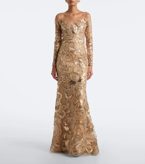 Elie Saab Embroidered Sequined Tulle Gown