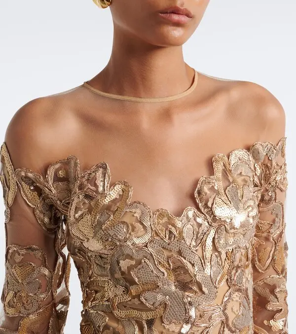 Elie Saab Embroidered Sequined Tulle Gown