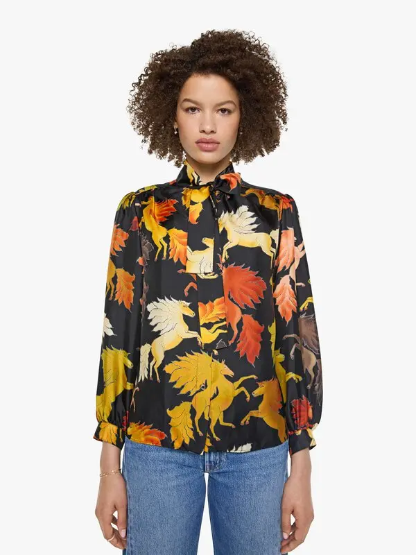 La Prestic Ouiston Silk Horse Print High Neck Blouse