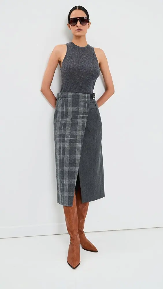 Tibi Papery Wool Plaid Double Apron Skirt