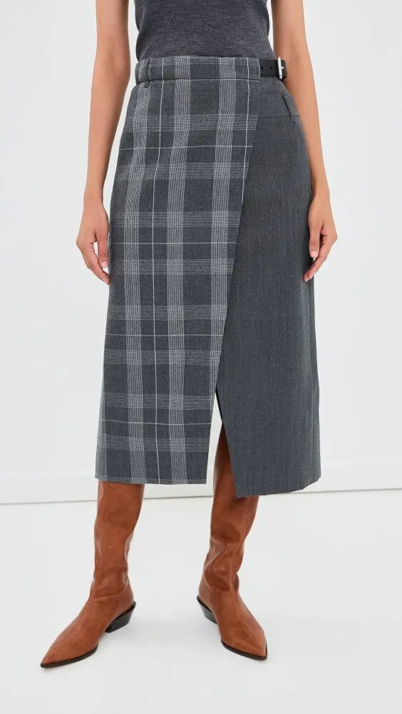 Tibi Papery Wool Plaid Double Apron Skirt