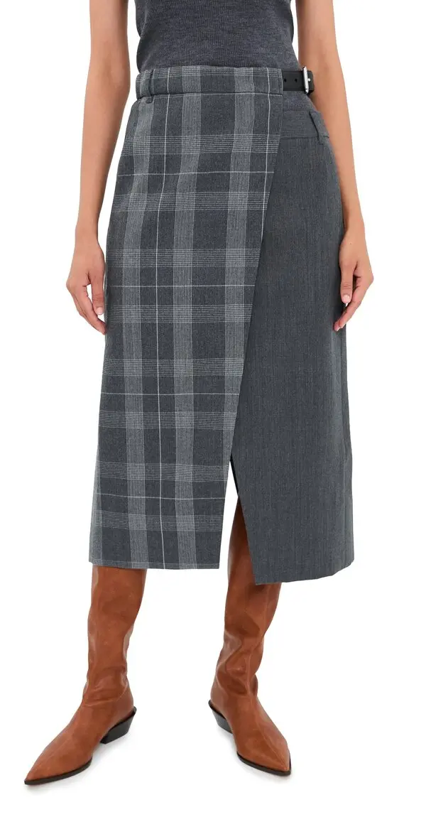 Tibi Papery Wool Plaid Double Apron Skirt - Grey Multi
