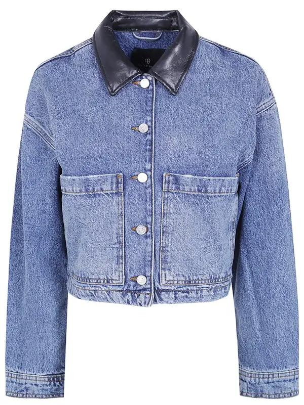 ANINE BING Yuma" Washed Denim Jacket With Leather Collar - Blue