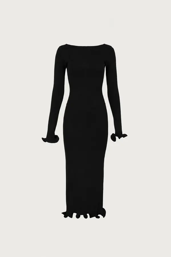 SAME Long Sleeve Ruffle Hem Midi Dress - Black