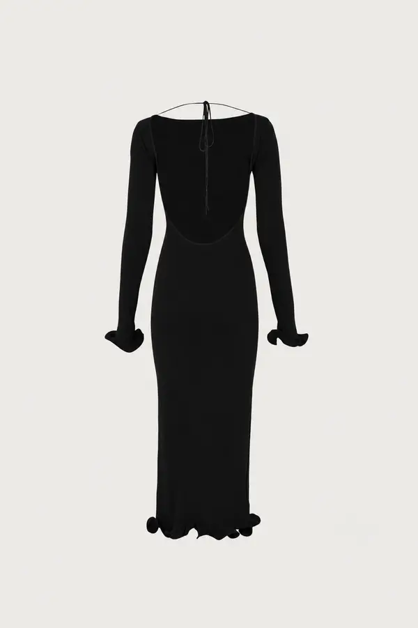 SAME Long Sleeve Ruffle Hem Midi Dress - Black