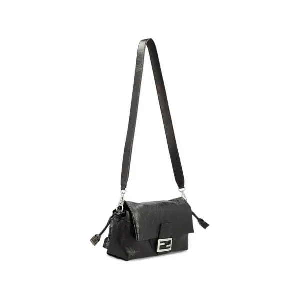 Fendi Baguette Soft Bag In Crackled Calfskin - Black