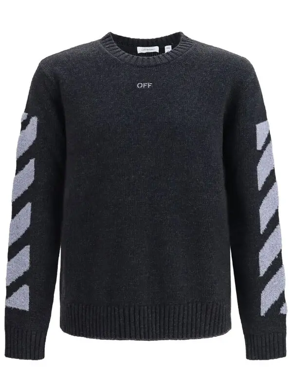 Off-White Crew Neck Sweater With Fuzzy Diagonal Pattern