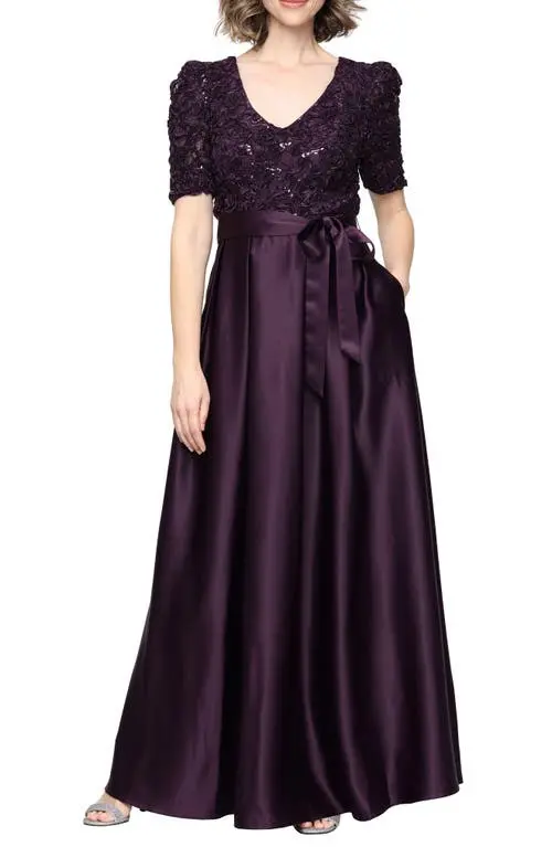 Alex Evenings Sequin Soutache Bodice Empire Waist A-line Gown - Deep Plum