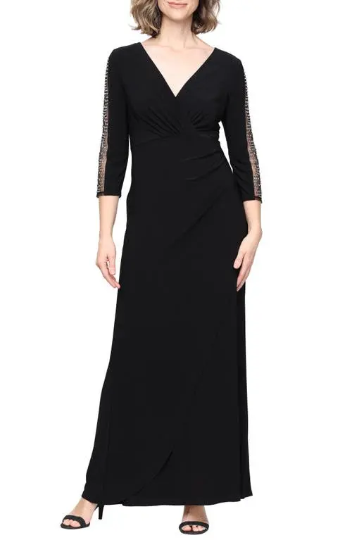 SL FASHIONS Beaded Sleeve Empire Waist Gown - Black