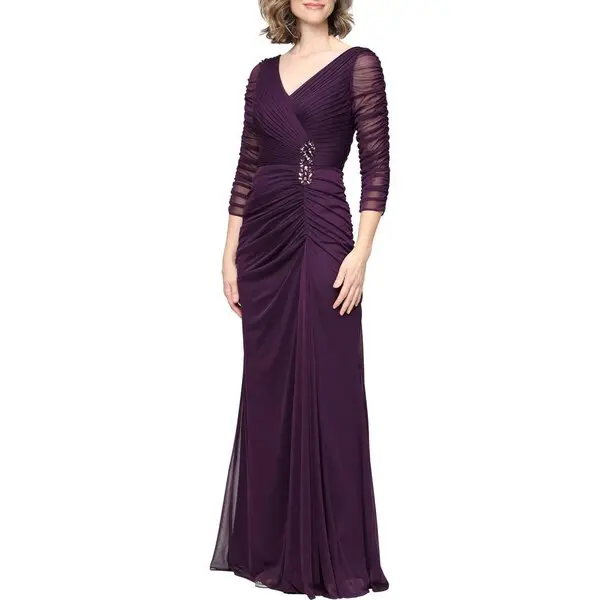 Alex Evenings Pleated Chiffon Gown With Illusion Sleeves - Eggplant