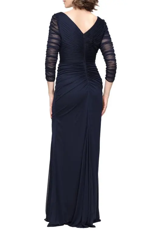 Alex Evenings Pleated Chiffon Gown With Illusion Sleeves - Navy