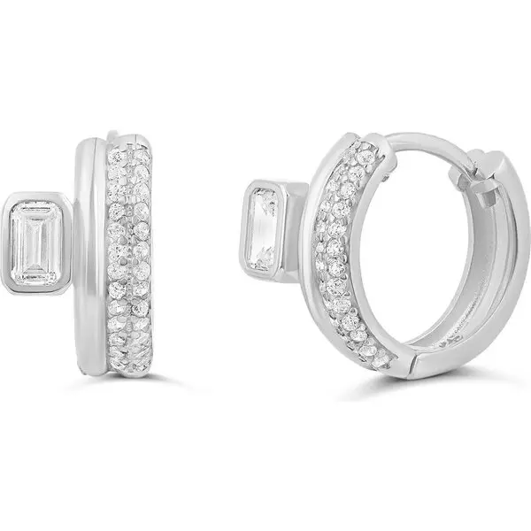 SHYMI 14k Plate Emerald Cut & Pavé Huggie Hoop Earrings - Silver