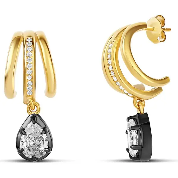 SHYMI Triple Statement Huggie Hoop Earrings With Marquise Stone Drops - Gold