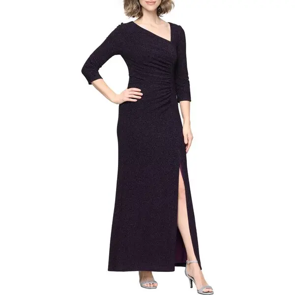 SL FASHIONS Metallic Knit Ruched Cocktail Dress - Plum