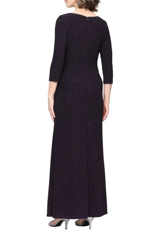 SL FASHIONS Metallic Knit Ruched Asymmetrical Neck Cocktail Dress